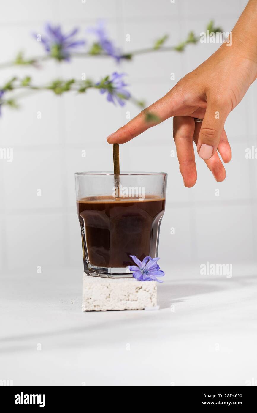 Chicory drink in a transparent mug with chicory flowers in the ...