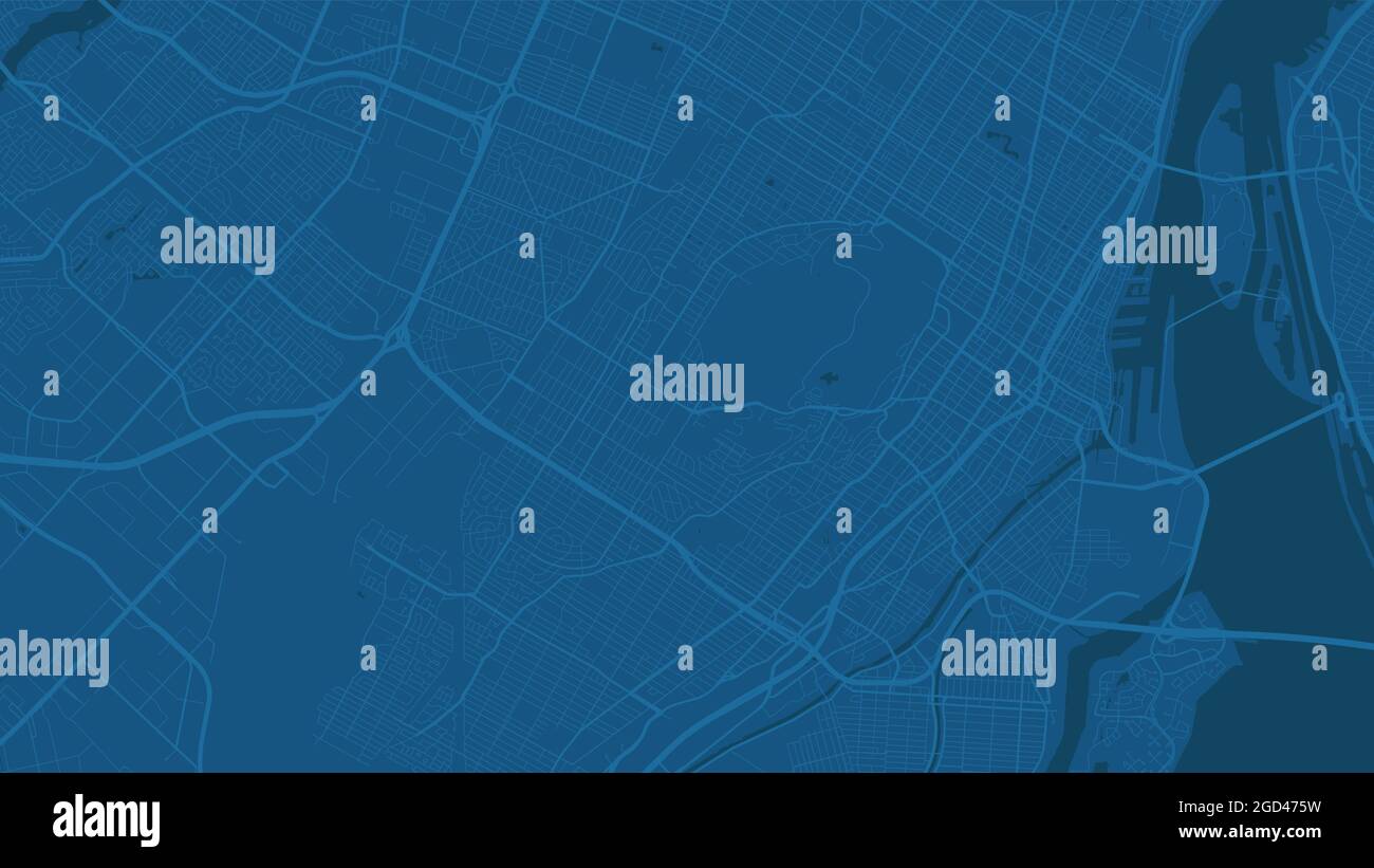 Dark blue Montreal City area vector background map, streets and water ...