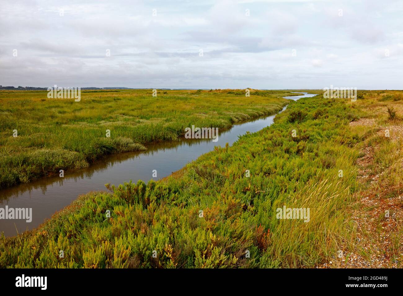 The River Glaven flowing on the landward side of the shingle beach ...