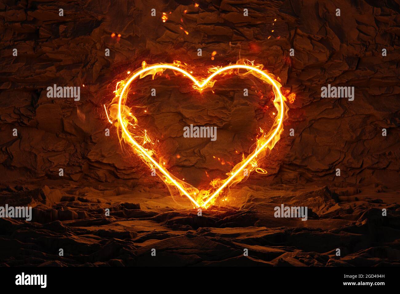 3d rendering of heart frame on fire over rocky surface Stock Photo - Alamy