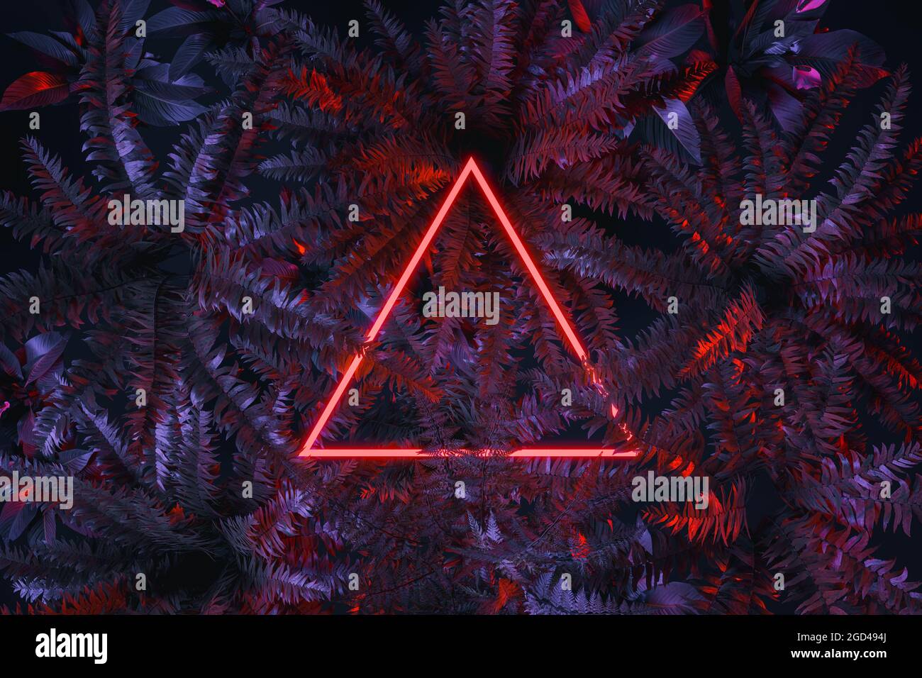 3d rendering of red triangle neon light with fern leaves. Flat lay of ...