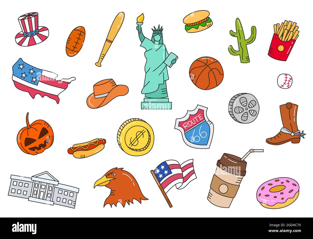america or united states us doodle hand drawn set collections with flat ...