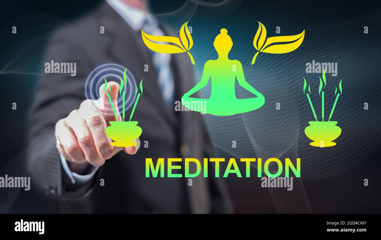 Man touching a meditation concept on a touch screen with his fingers ...