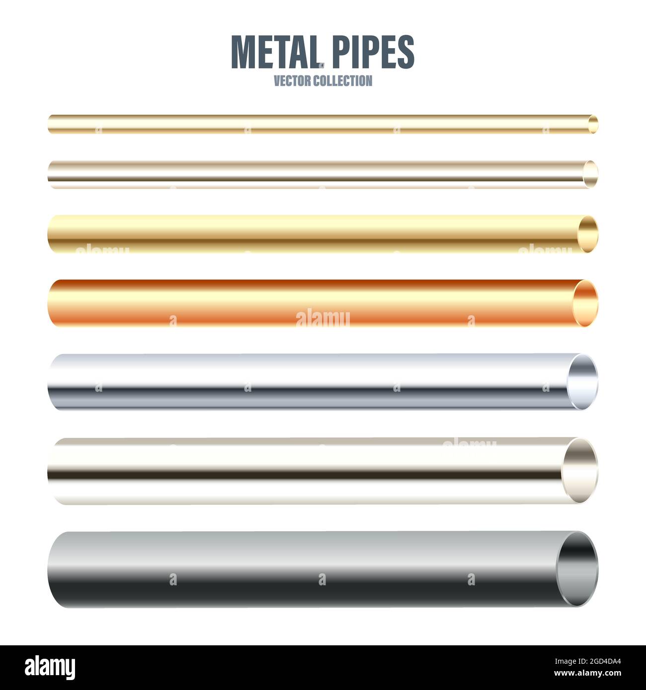 Steel and copper pipes collection. Construction material. Polished ...