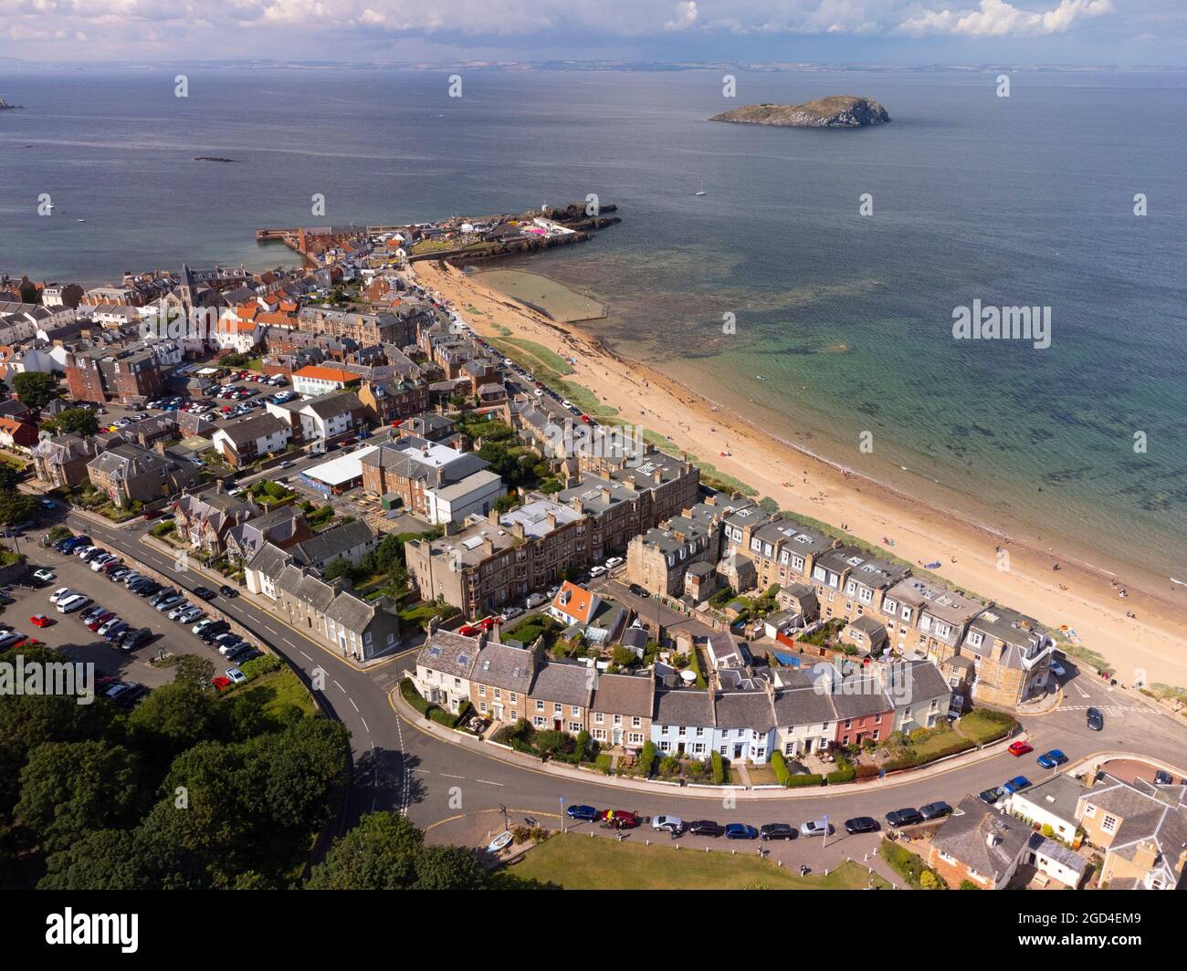 Aerial view from drone of North Berwick and Milsey Bay Beach in East ...