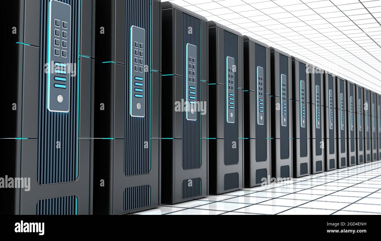 Network servers in a row isolated on white background. 3D illustration ...