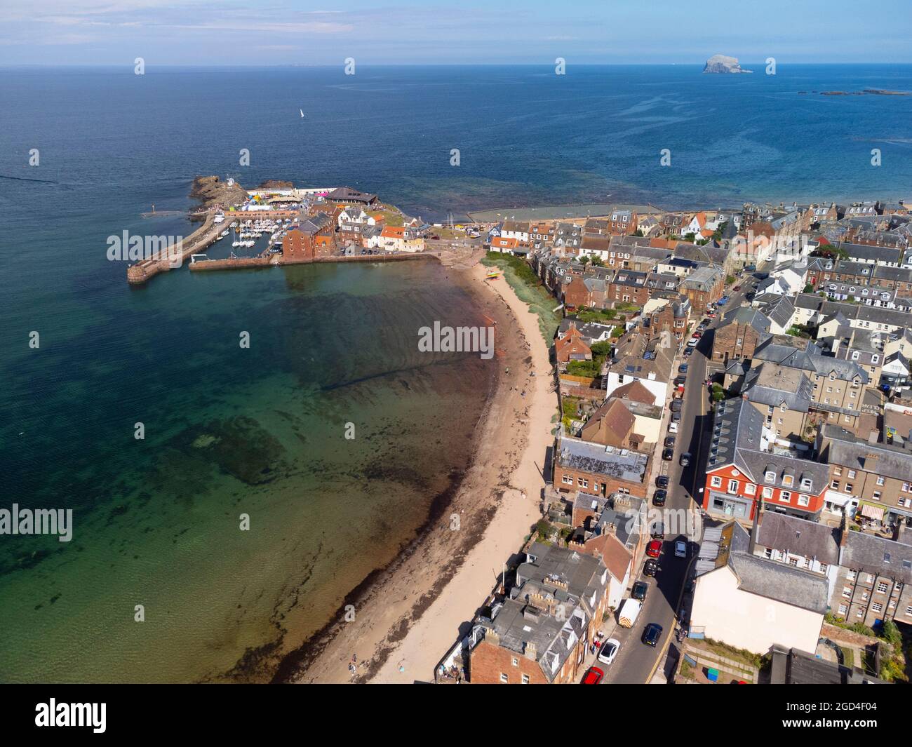 Aerial view from drone of seafront and West Bay beach at North Berwick ...