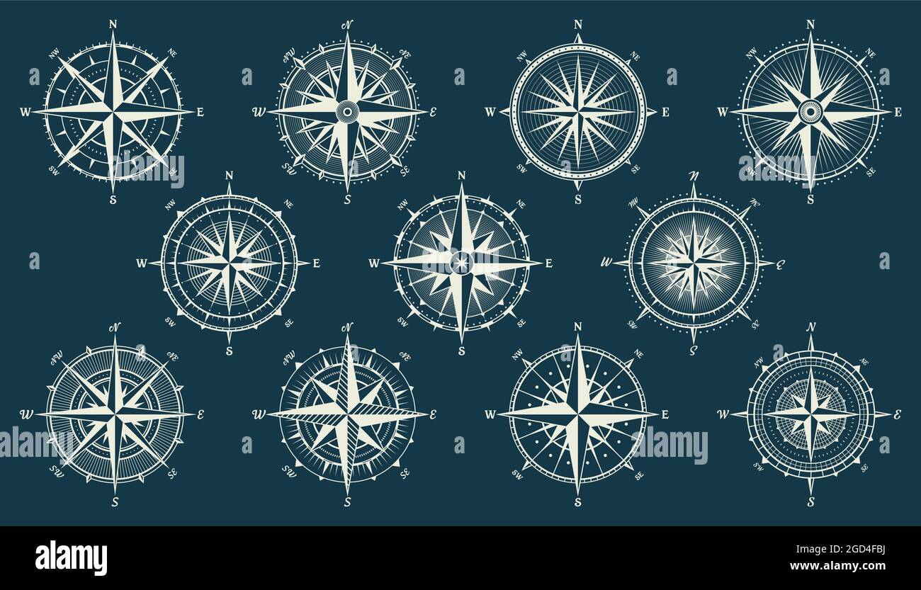 Vintage marine wind rose, nautical chart. Monochrome navigational ...