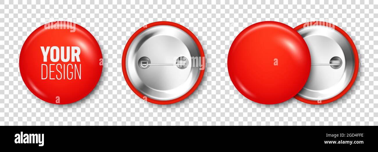 Realistic red blank badge. 3D glossy round button. Pin badge mockup ...
