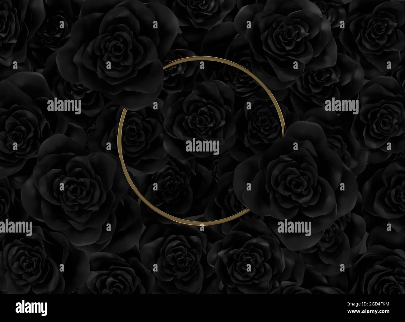 3d rendering of golden circle frame over a lot of black roses. Flat lay ...