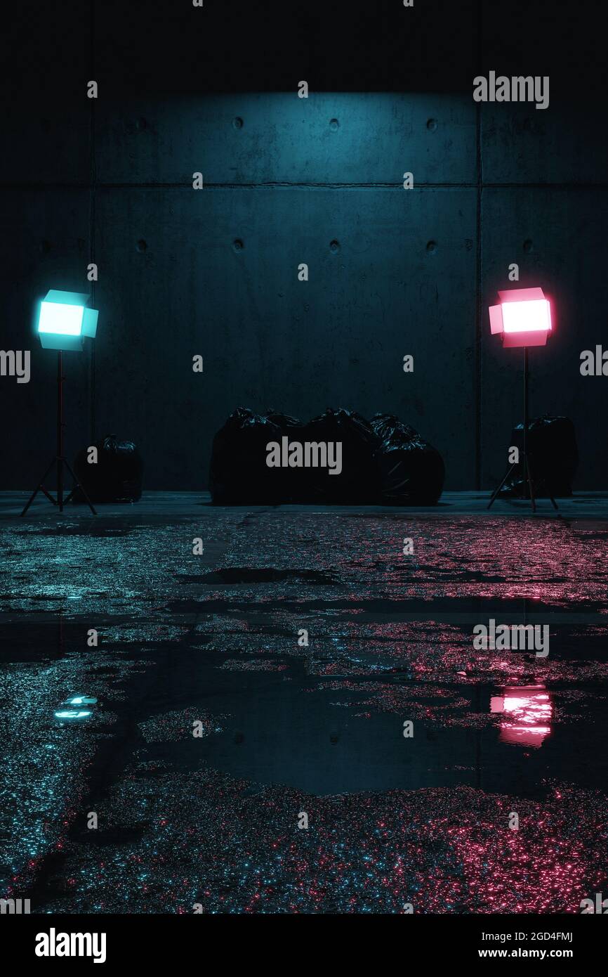 3d rendering of grunge backyard and wet street asphalt at night ...