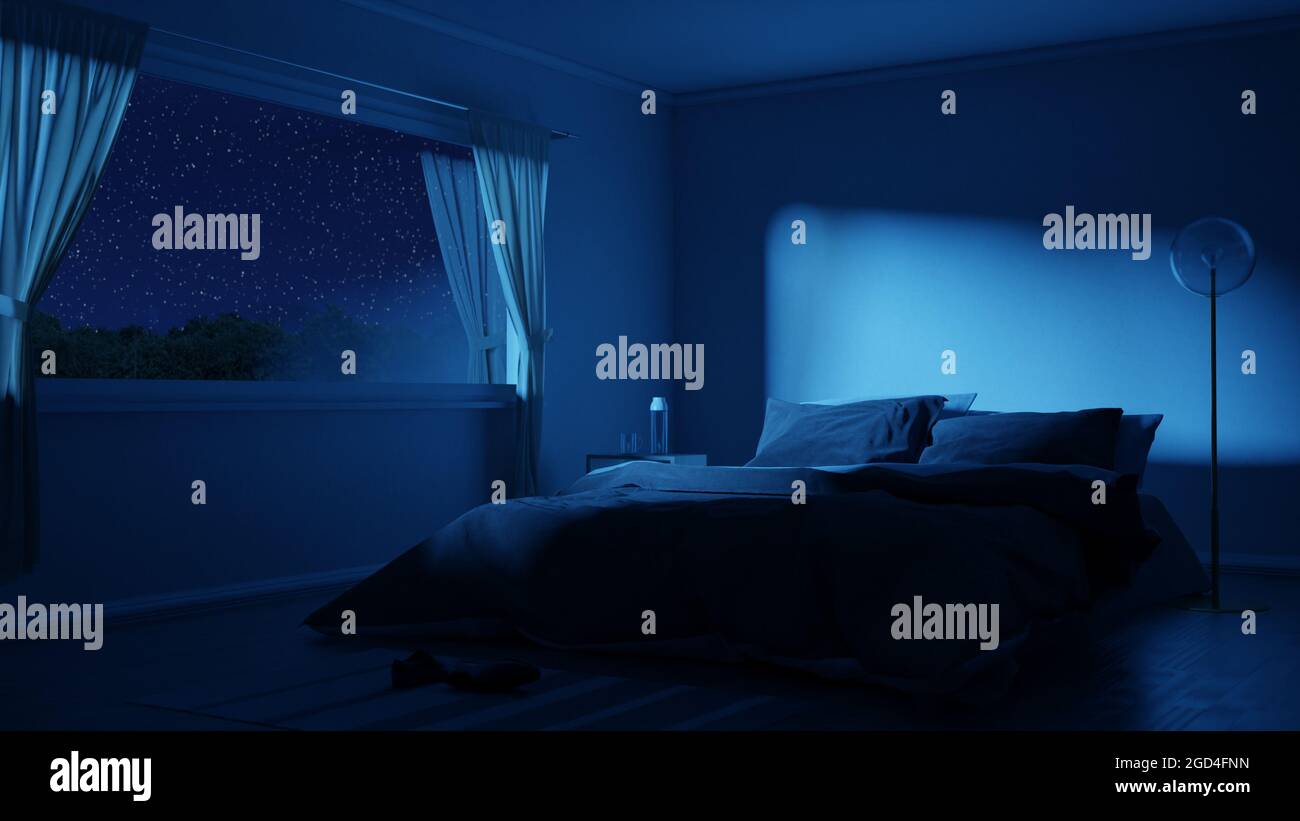 3d rendering of bedroom with cozy low bed at night Stock Photo - Alamy
