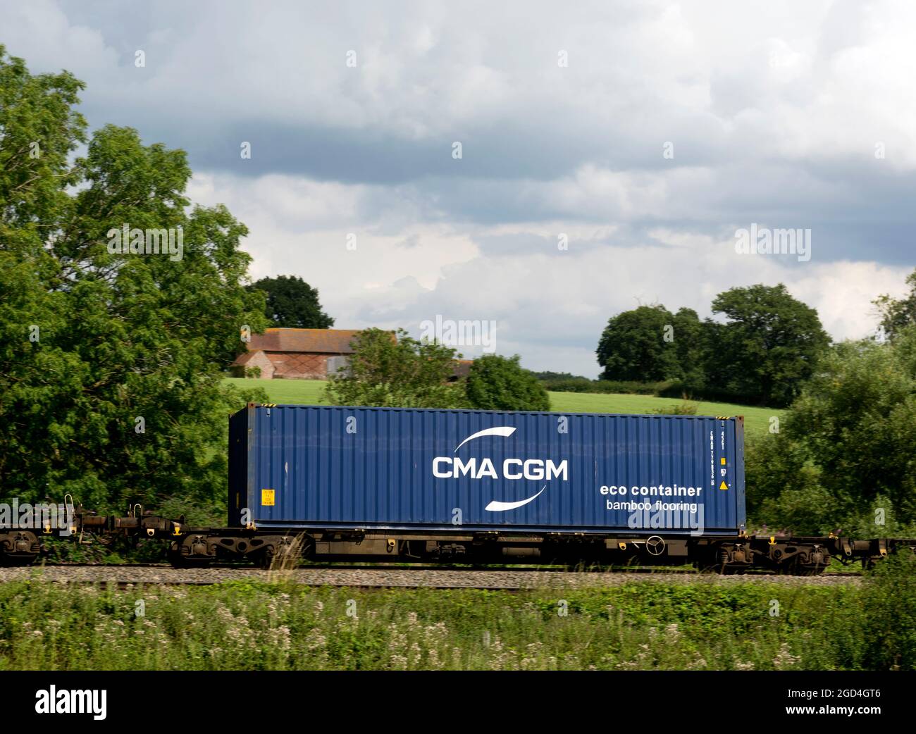 A CMA CGM eco container on a freightliner train, Warwickshire, UK Stock ...