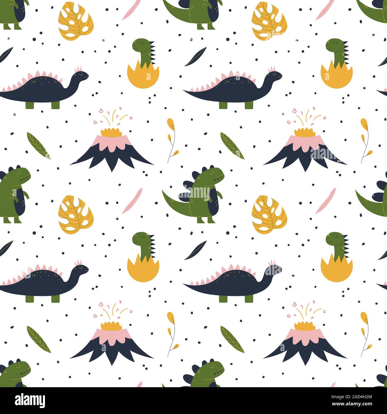 Cute hand drawn seamless pattern with dinosaur, tropical leaf, volcano ...