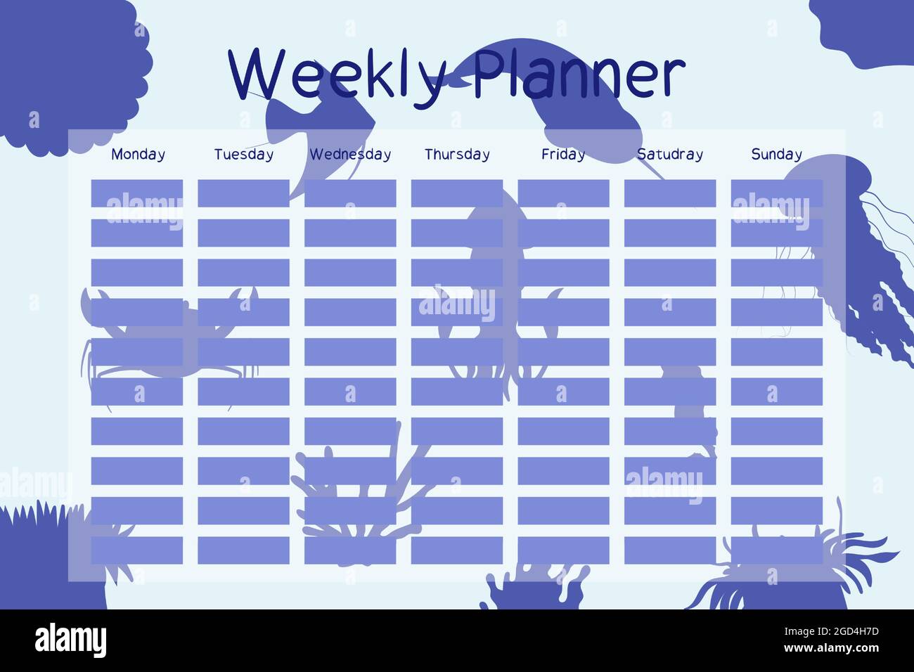 Weekly planner template with sea animals silhouette. Schedule design ...