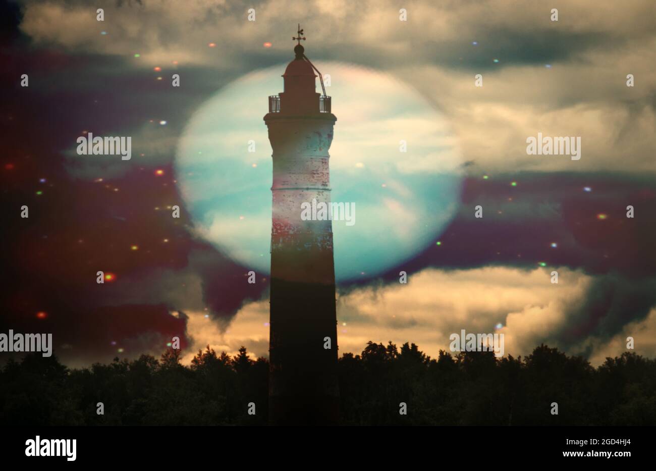 A lighthouse (light source) and a false sun on a background of stars ...