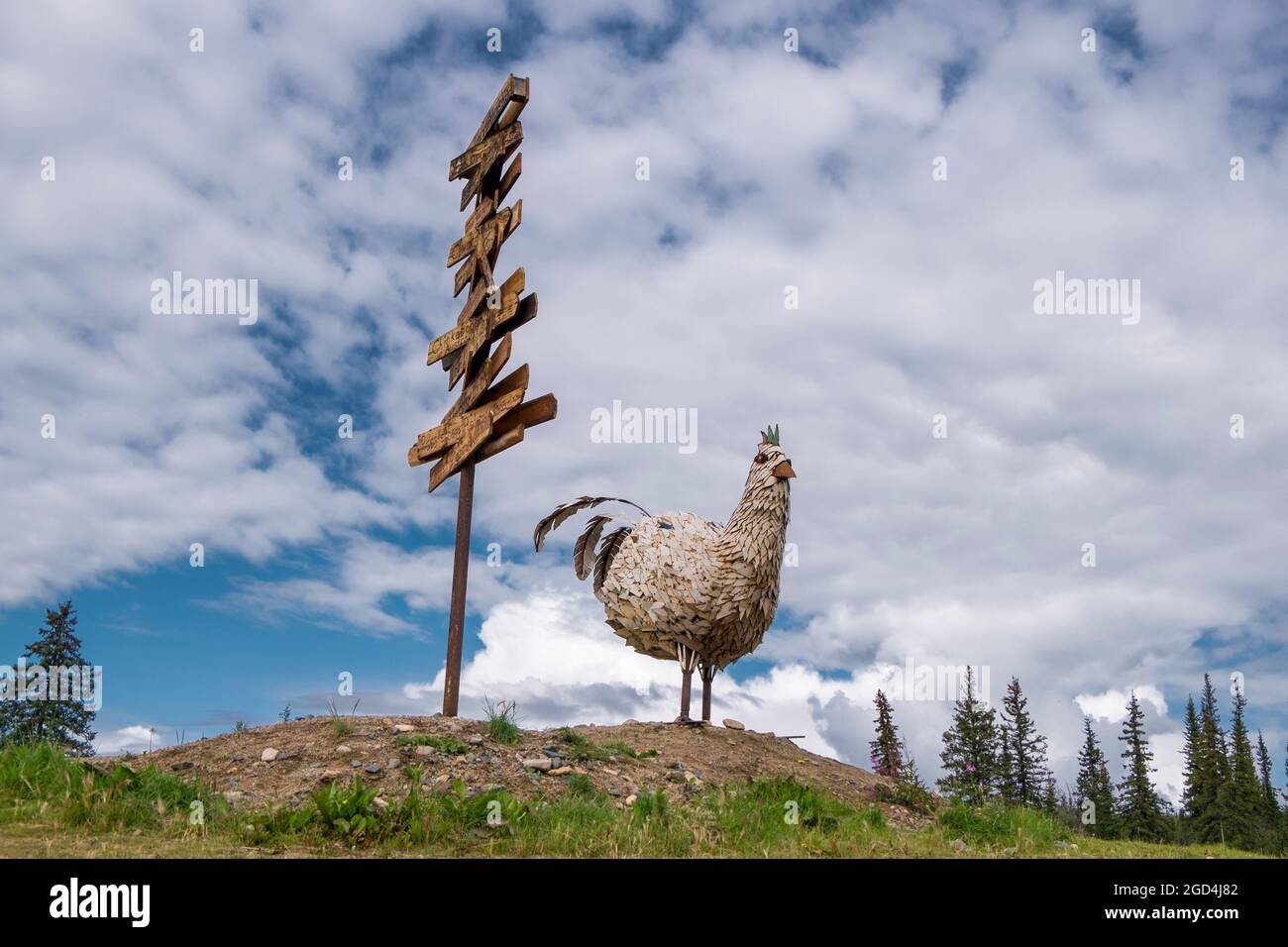 The iconic chicken sculpture in Chicken, Alaska with directional sign ...