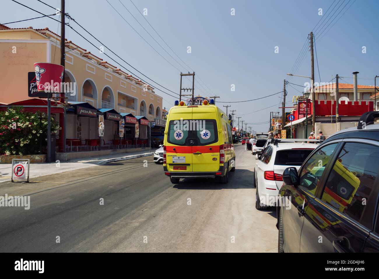 Zakynthos Greek EKAB National Centre for Emergency Care ambulance on street. Hellenic EMS ...