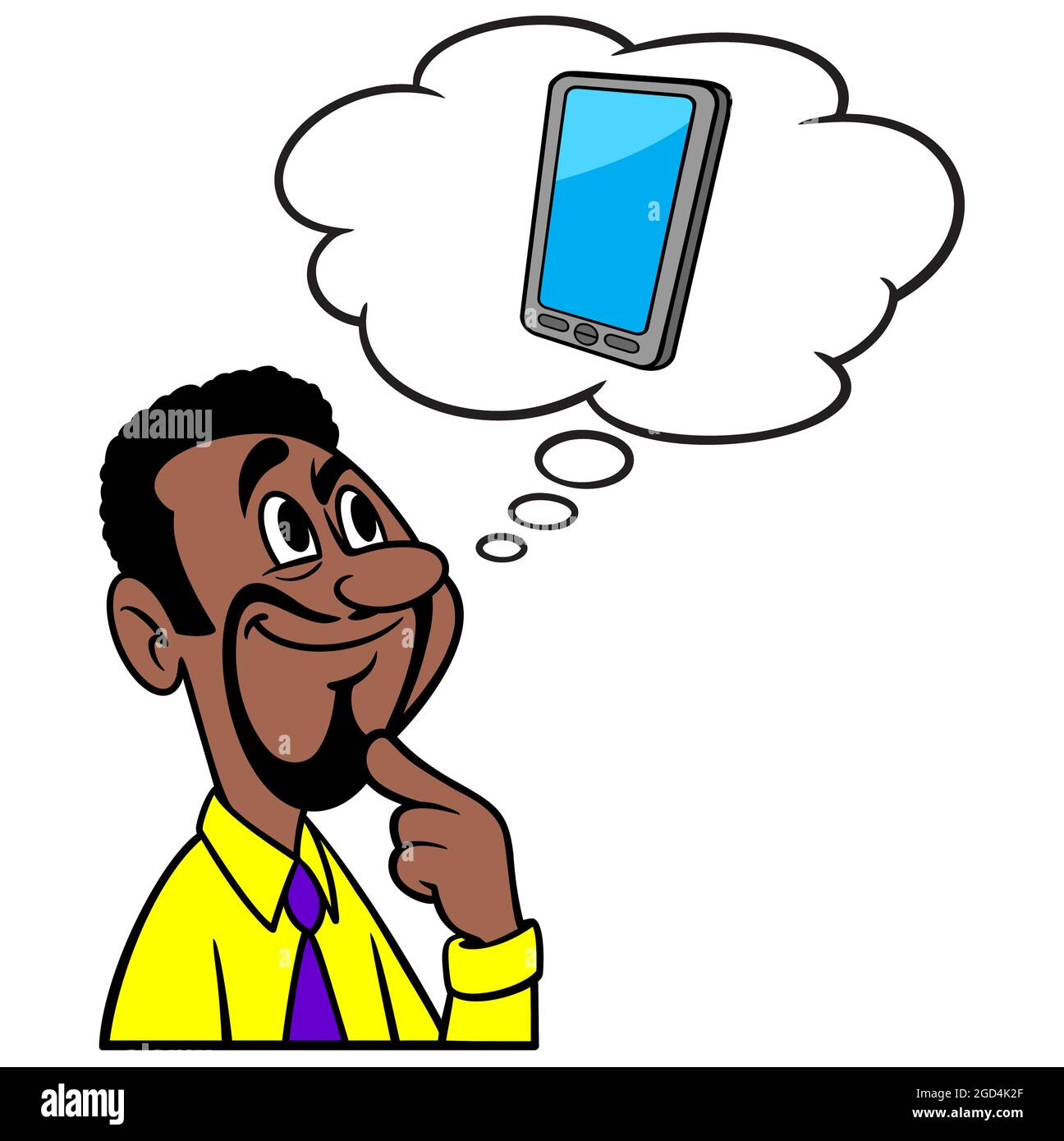 Man thinking about Smartphones - A cartoon illustration of a man thinking about buying a new ...