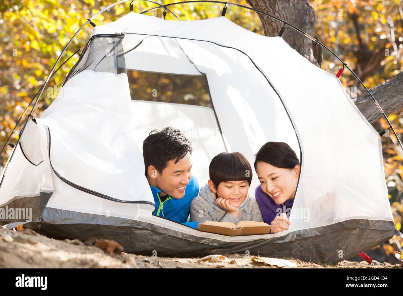 Happy family reading a book in tent Stock Photo - Alamy