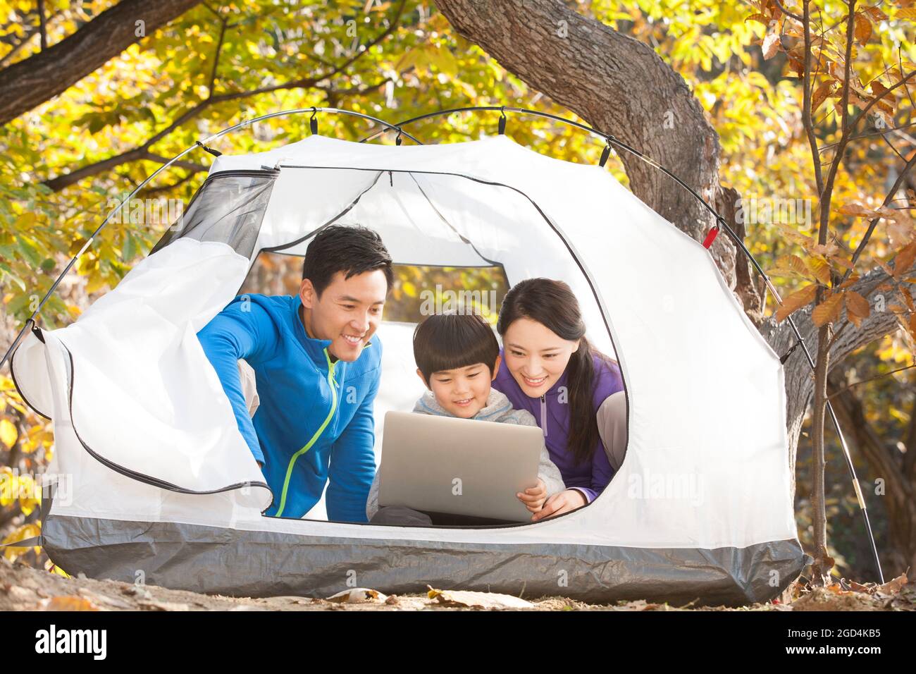 Happy family using laptop in tent Stock Photo - Alamy
