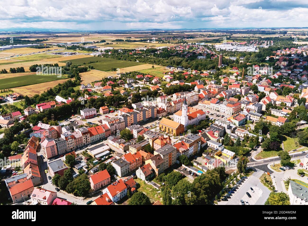 Aerial view of small european city with city streets and residential ...
