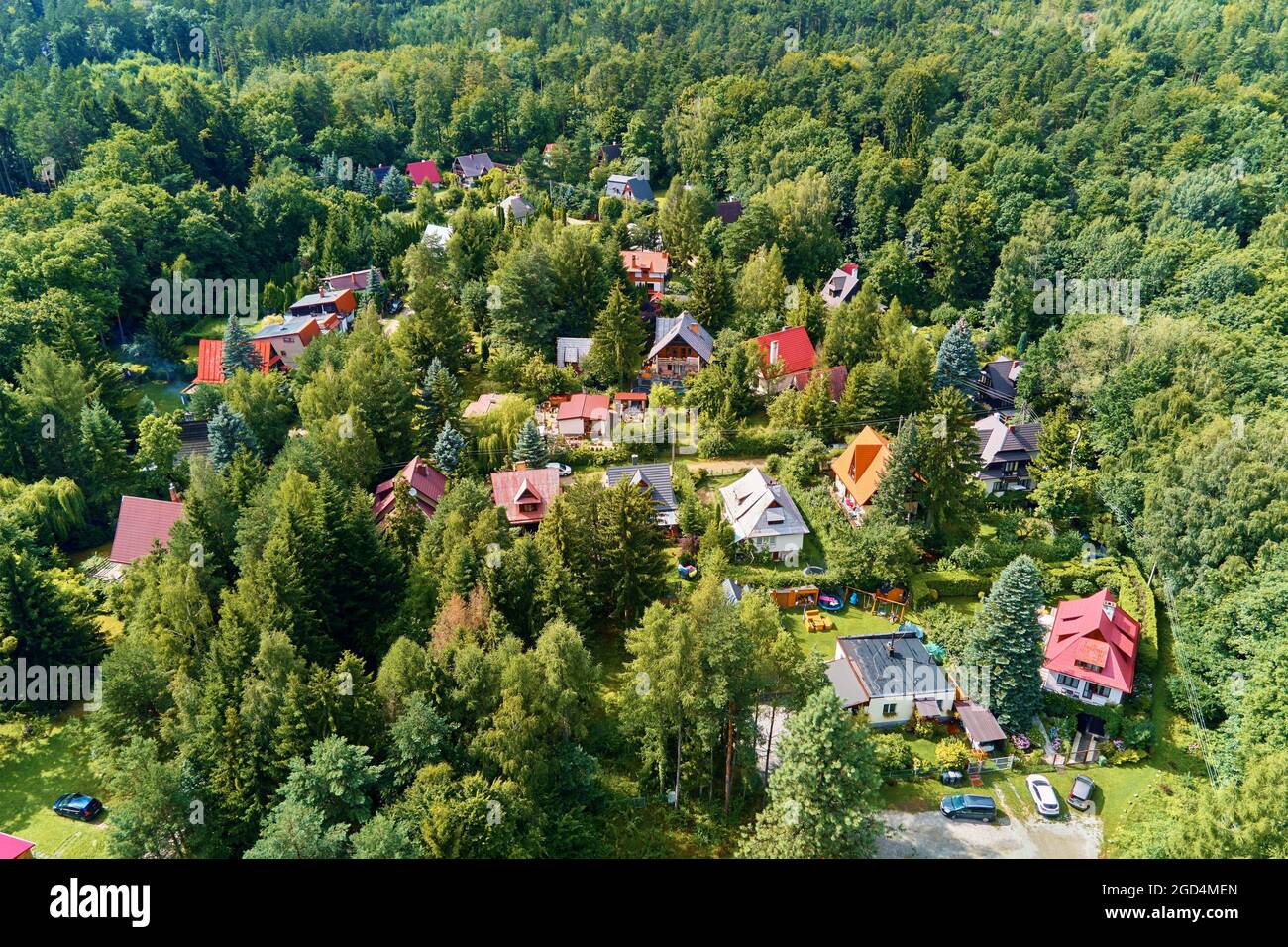 Mountain village with forests, bird eye view. Sleza mountain landscape ...
