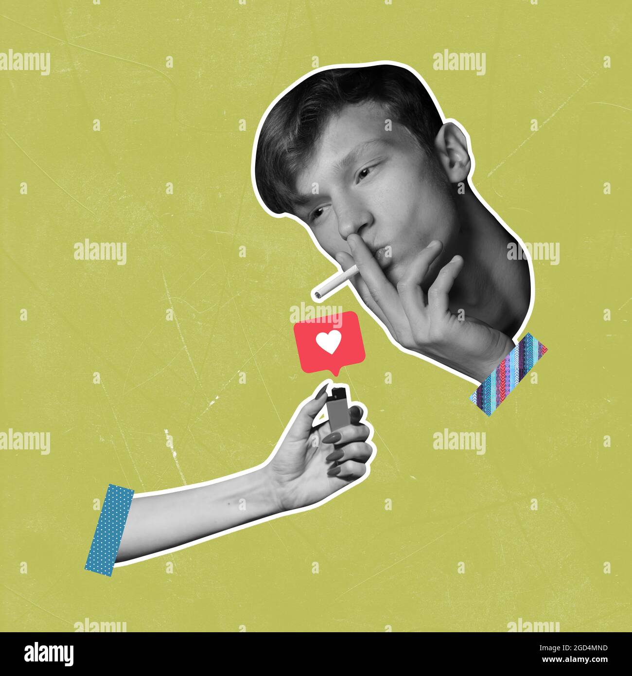 Art collage with young smoking man and social media activity sign ...
