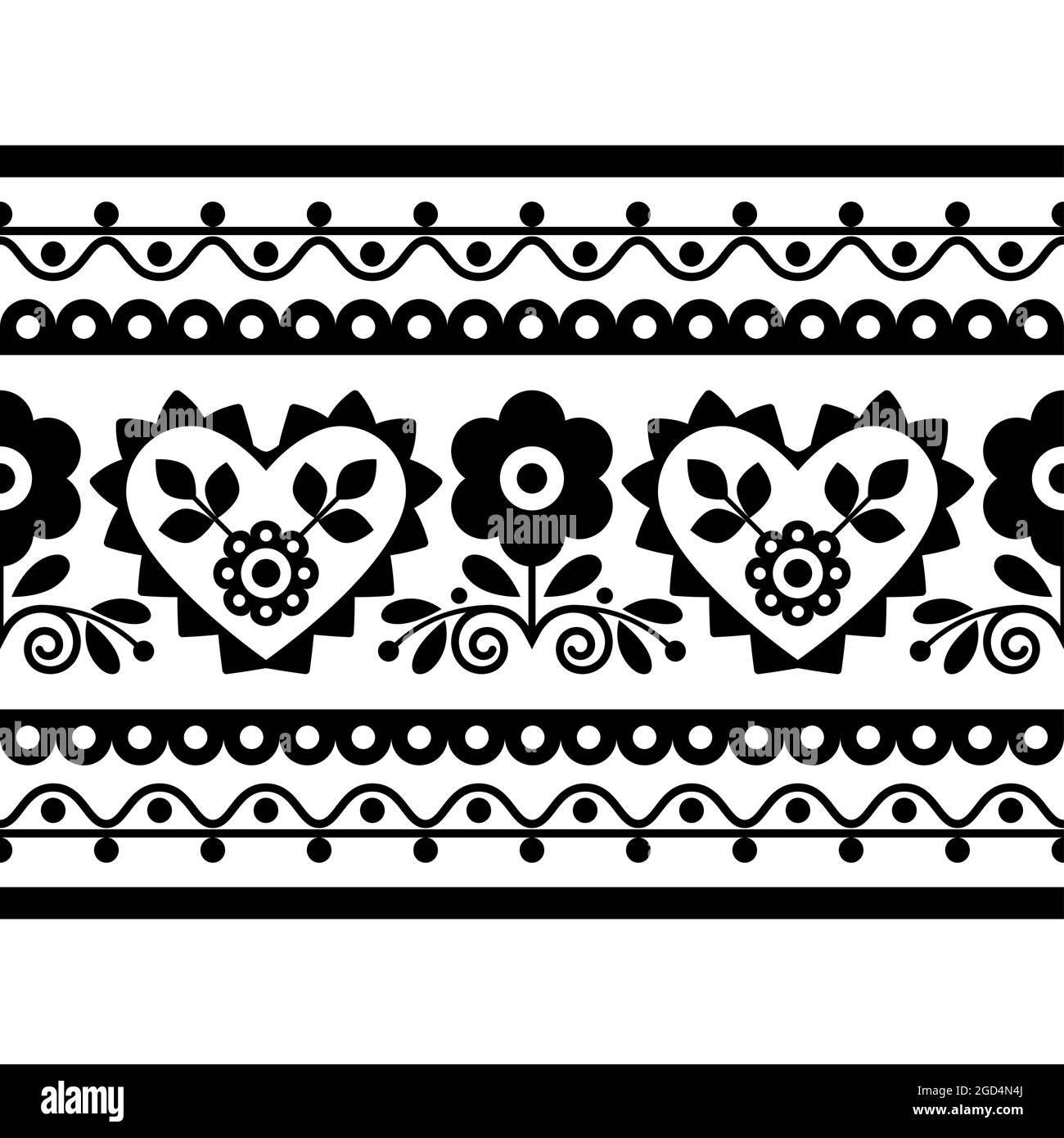 Folk art vector seamless embroidery long black and white pattern with ...