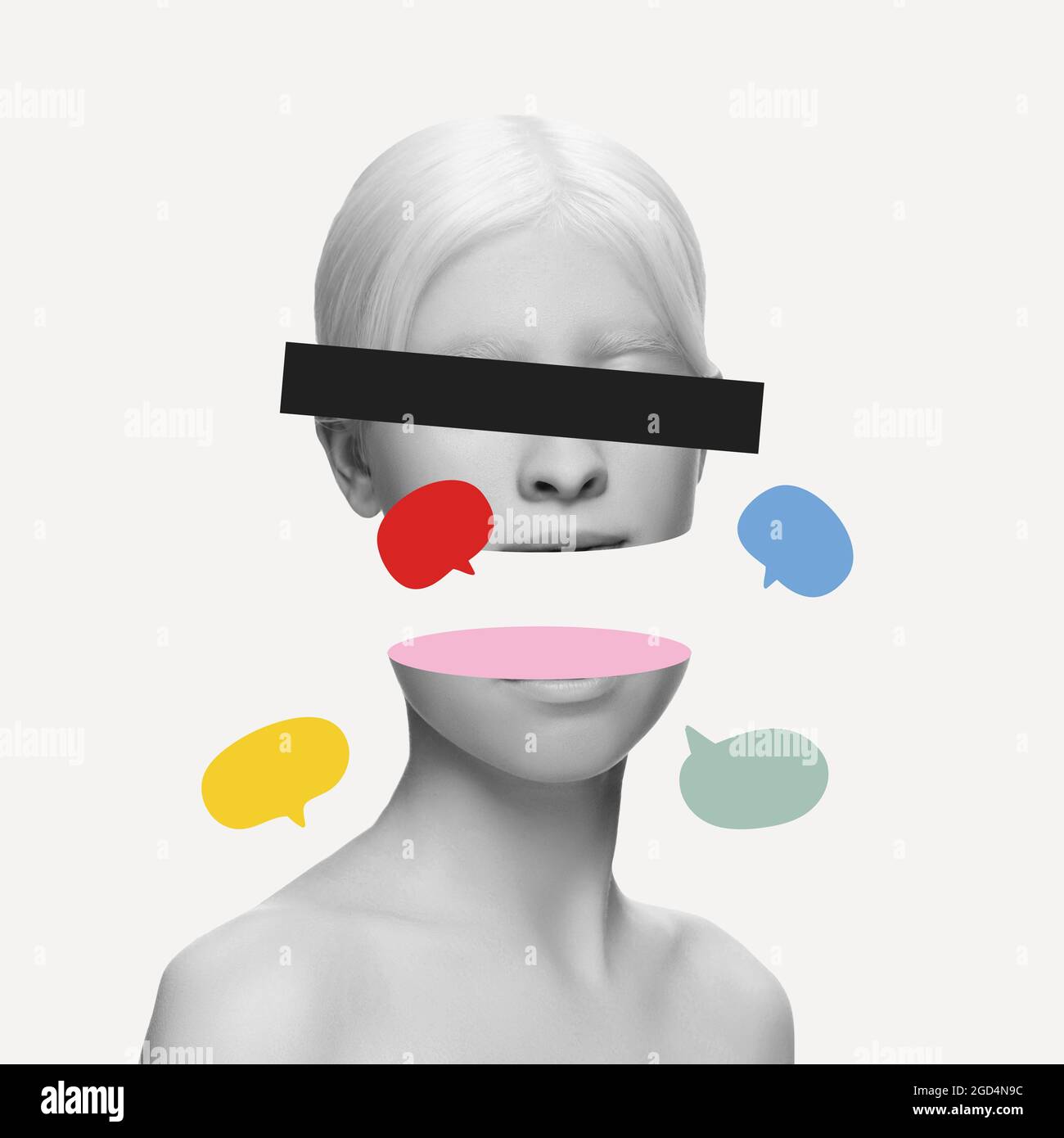 Artwork. Close-up young woman's split face, head with social media ...