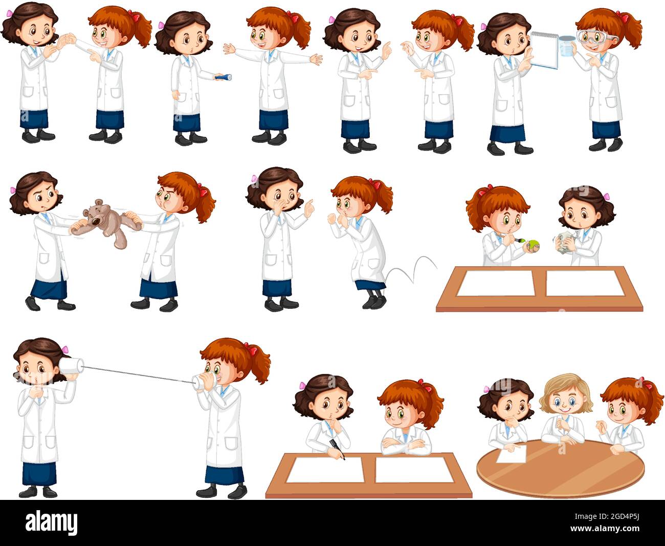 Set of a scientist girl doing different experiment illustration Stock ...