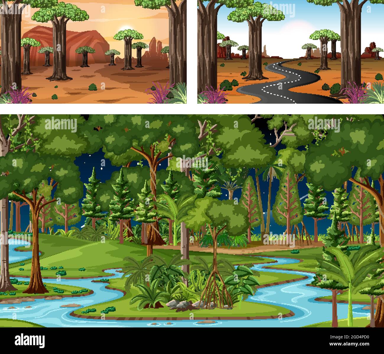 Set of different forest horizontal scenes illustration Stock Vector ...