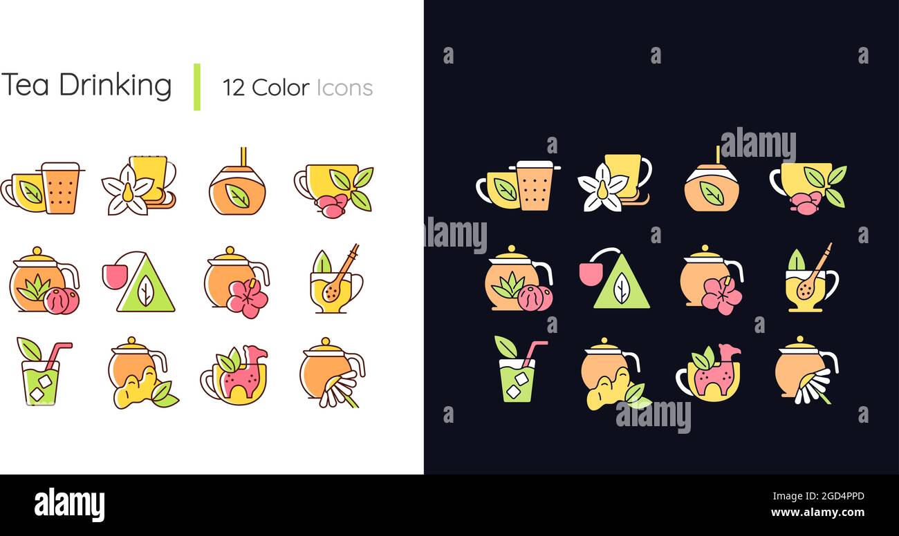 Tea drinking related light and dark theme RGB color icons set Stock ...