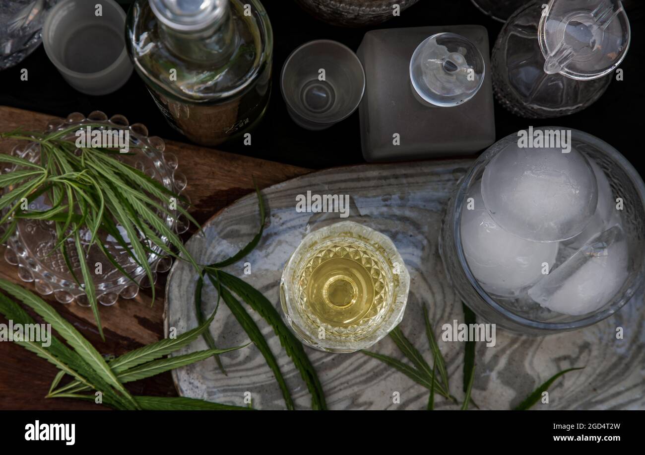 Ice cold Marijuana cannabis CBD infused drink in a crystal clear glass ...