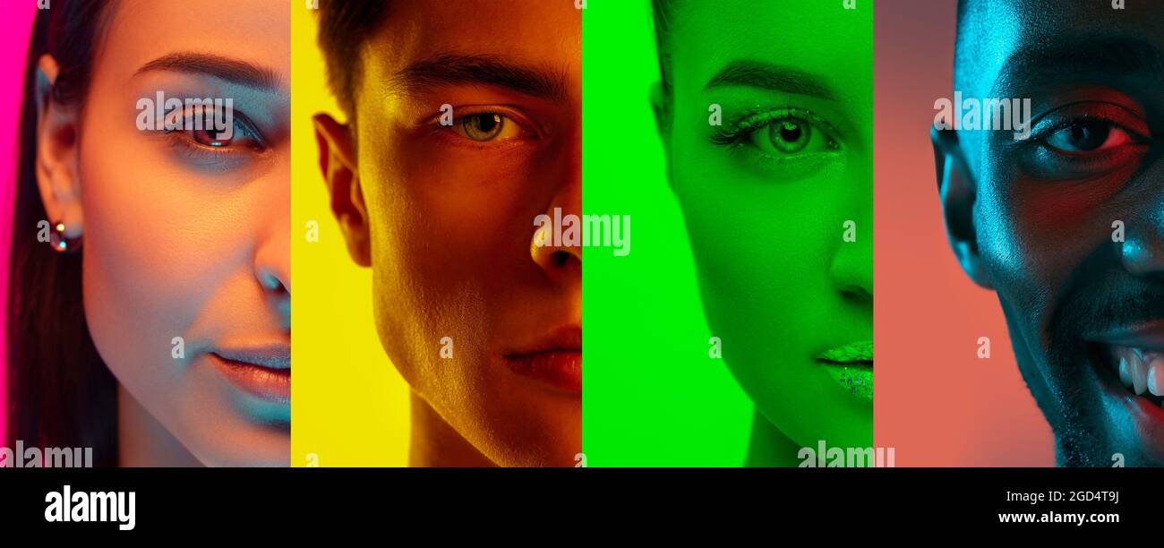 Cropped portraits of group of people, men and women on multicolored ...