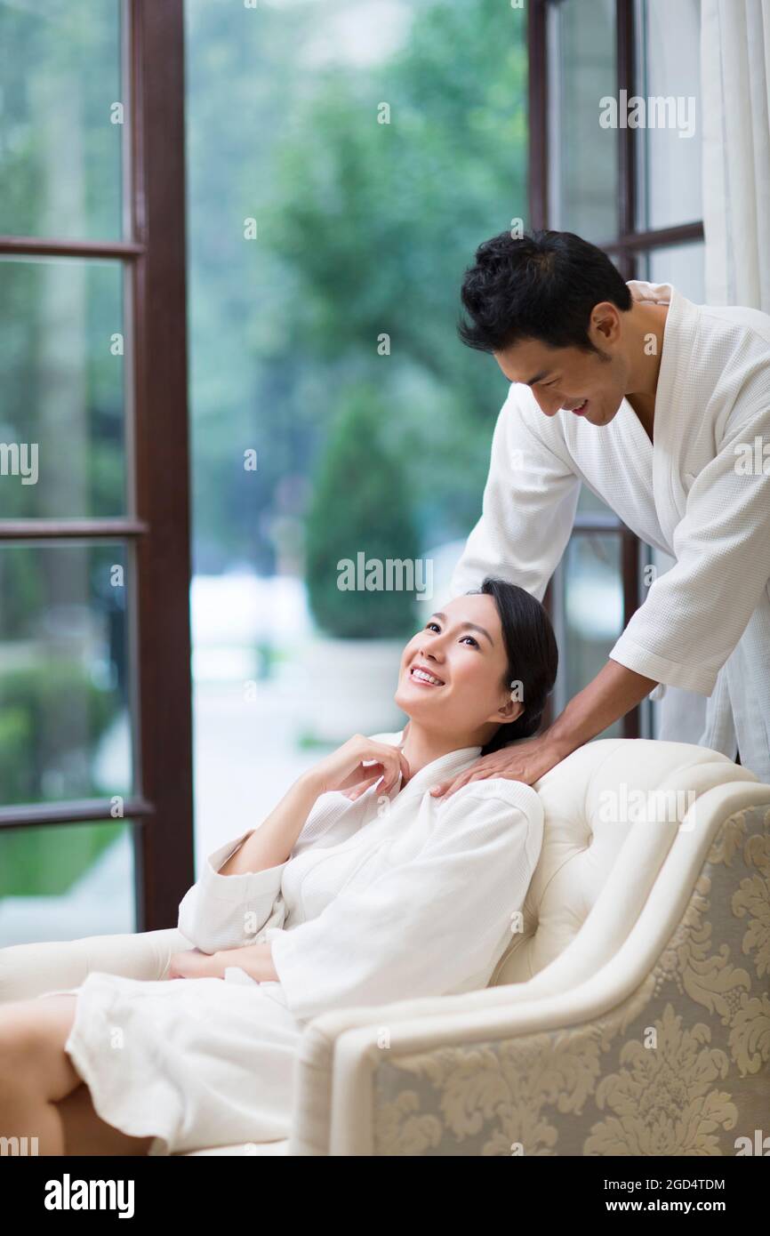 Loving couple in bathrobes embracing in a luxury hotel Stock Photo - Alamy