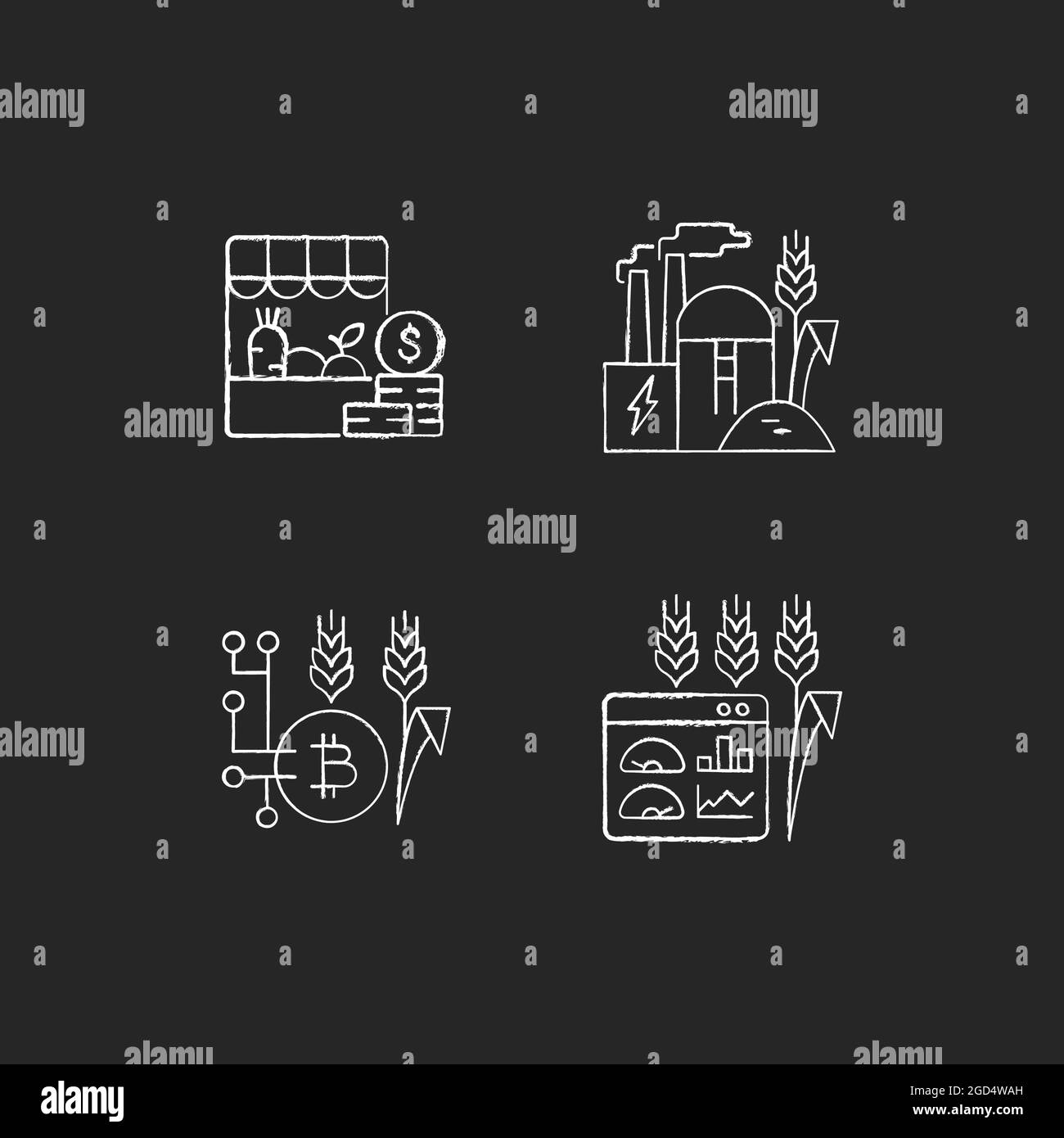Agricultural innovations chalk white icons set on dark background Stock ...