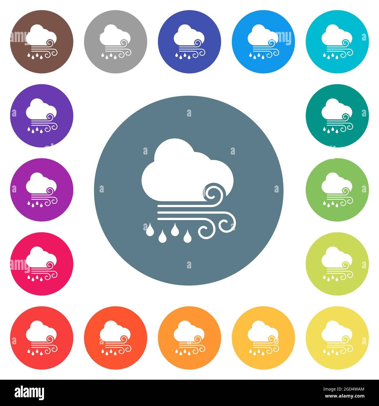 Windy and rainy weather flat white icons on round color backgrounds. 17 ...