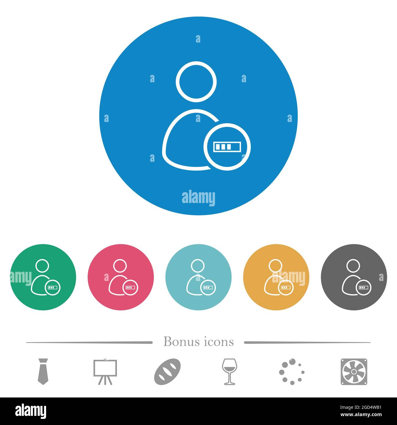 User processing outline flat white icons on round color backgrounds. 6 ...