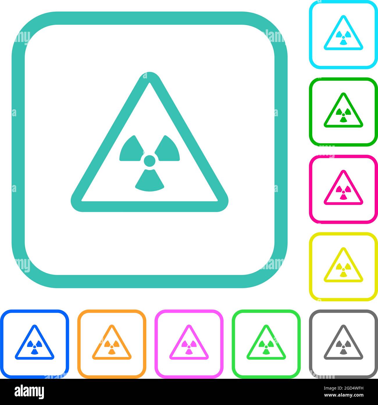 Nuclear warning vivid colored flat icons in curved borders on white ...