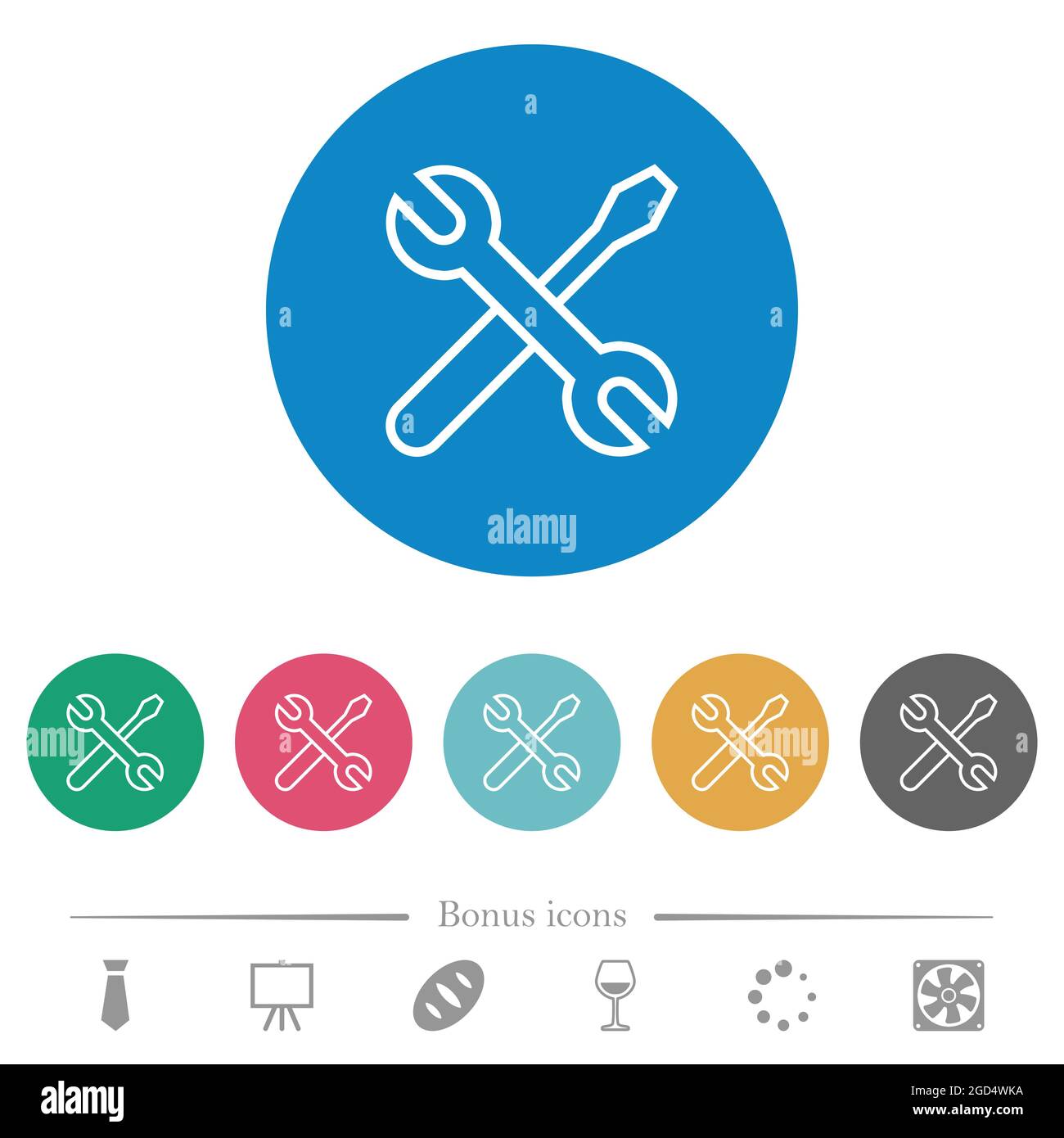 Crossed wrench and screwdriver outline flat white icons on round color ...