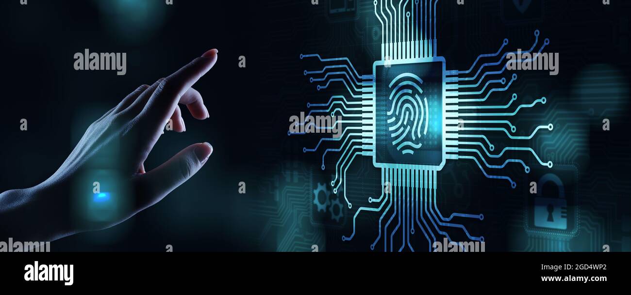Fingerprint unlock cyber security data protection concept on virtual ...