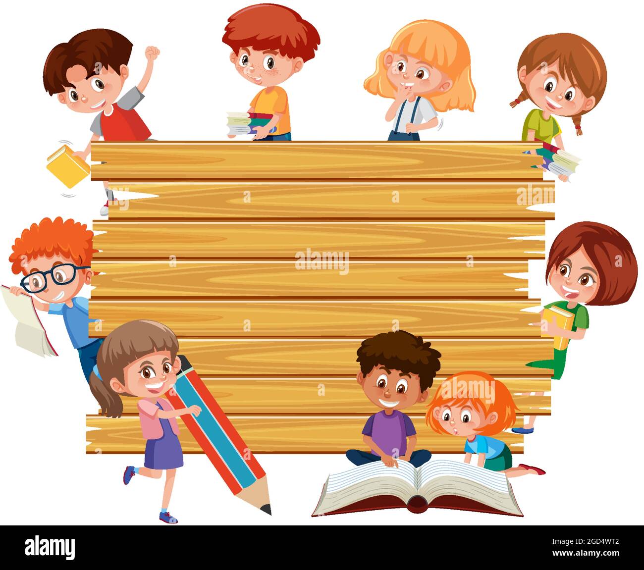 Empty wooden board with school kids cartoon illustration Stock Vector ...