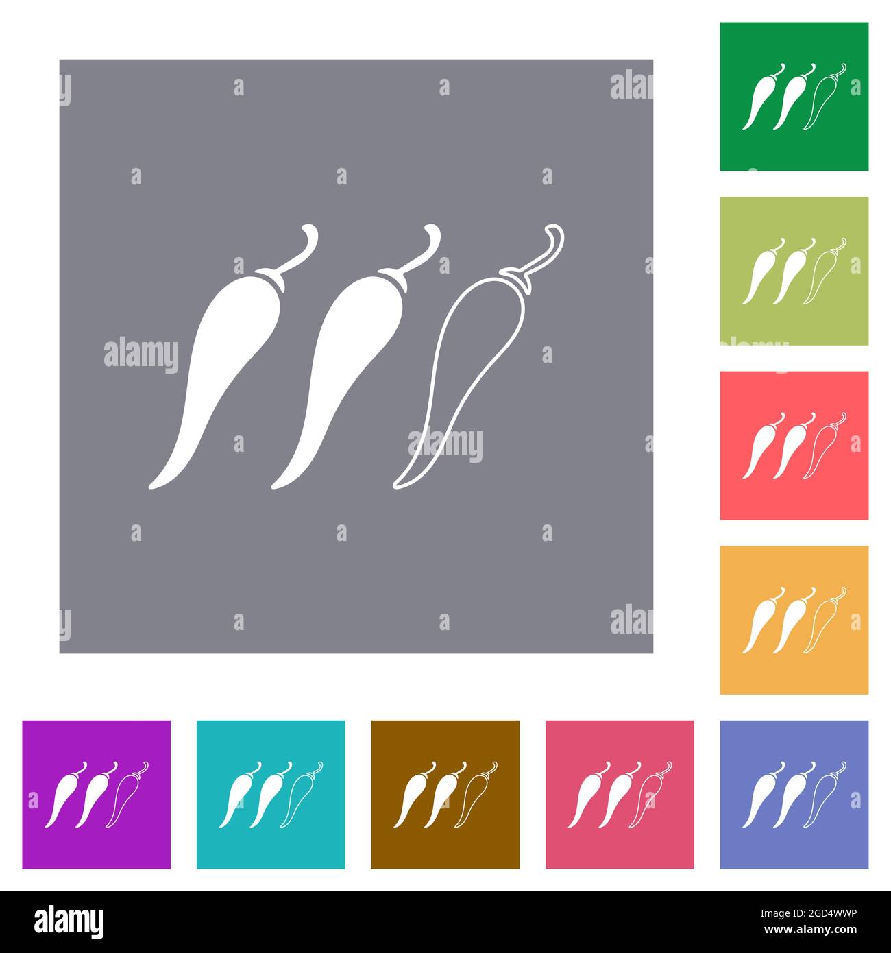 Spicy chili pepper level flat icons on simple color square backgrounds ...