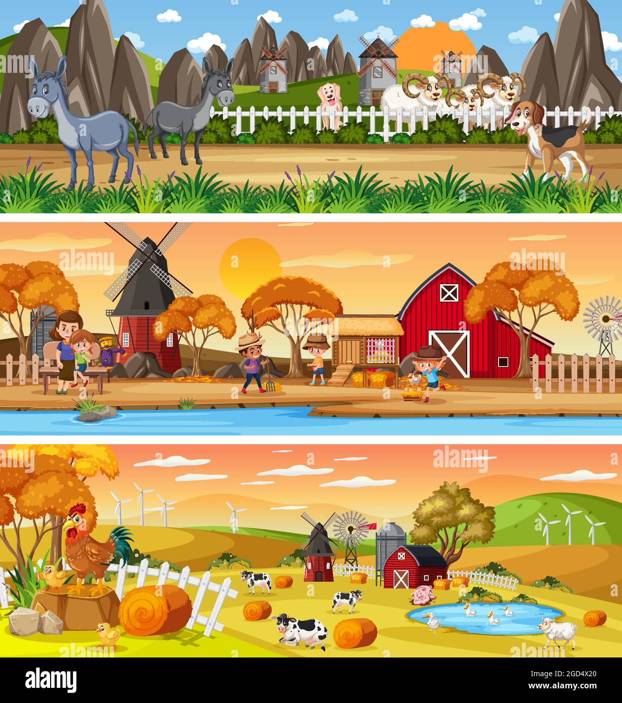 Different nature landscape at daytime scene with cartoon character ...