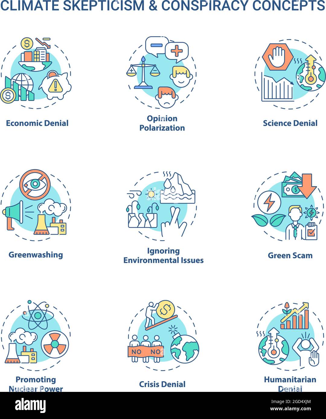 Climate skepticism and conspiracy concept icons set Stock Vector Image ...