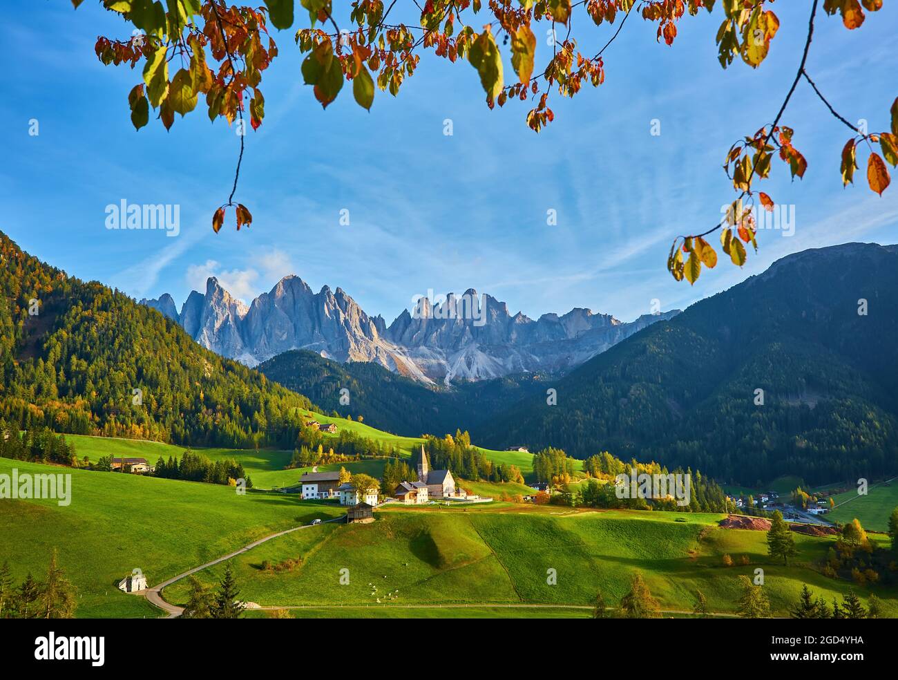 Amazing autumn scenery in Santa Maddalena village with church, colorful ...