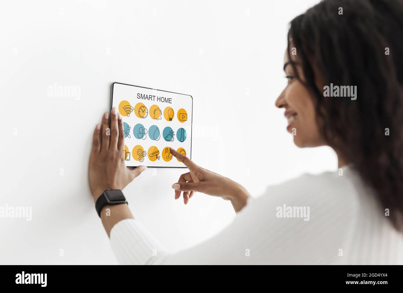 Smart home automation control, modern technologies, concept. Young ...