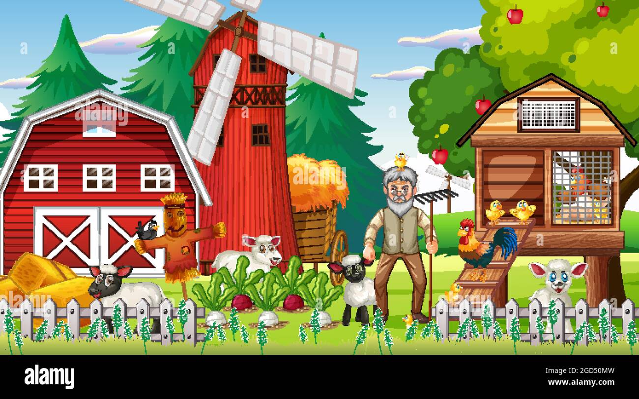 Farm at night scene with old farmer man and farm animals illustration ...