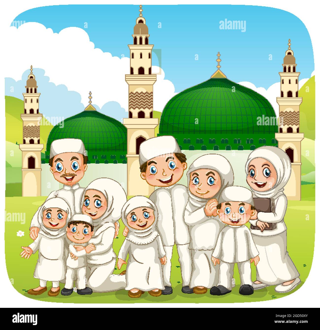 Outdoor scene with muslim family cartoon character illustration Stock ...